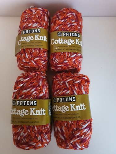PATONS Cottage Knit Wool 4 X 50G Balls 10ply Orange/Maroon/White Twist ...