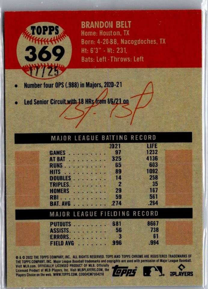 2022 Topps Chrome Platinum Orange wave Refractor /25 Brandon Belt #369 ...