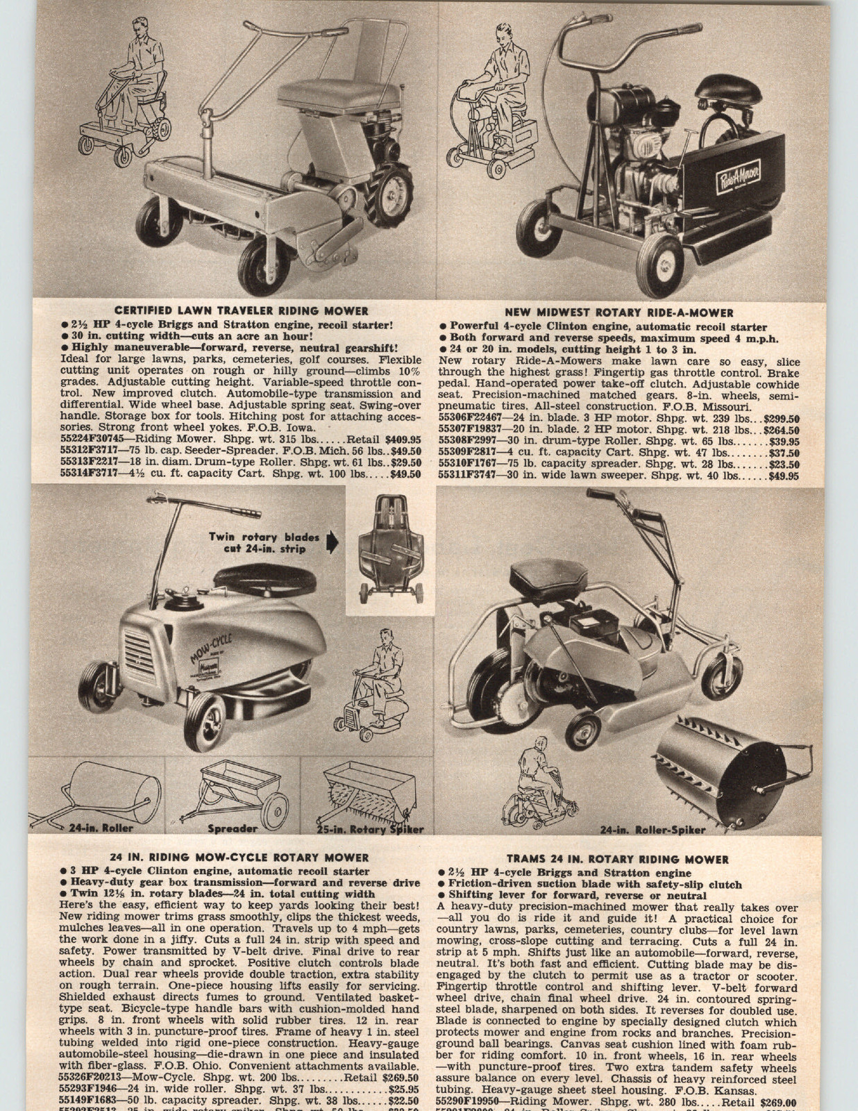 1955 PAPER AD Riding Lawn Mower Traveler Midwest Rotary 3 Wheel Trams ...
