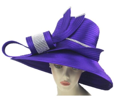 Look! NEW CHARM NY Purple RHINESTONE HAT CHURCH Wide Brim FORMAL DERBY ...