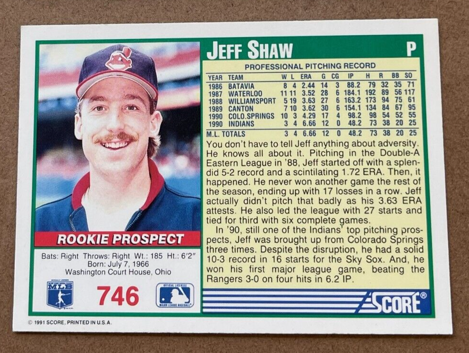 1991 Score Rookie Prospect Card # 746 Jeff Shaw - Cleveland Indians | eBay