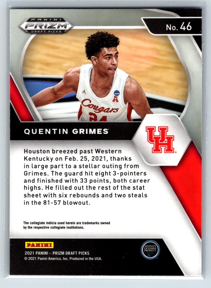 Quentin Grimes 2021 Panini Prizm Collegiate Draft Picks RC #46 Houston ...