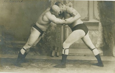 RPPC - Shirtless wrestling Raicevich brothers in black trunks - Gay ...