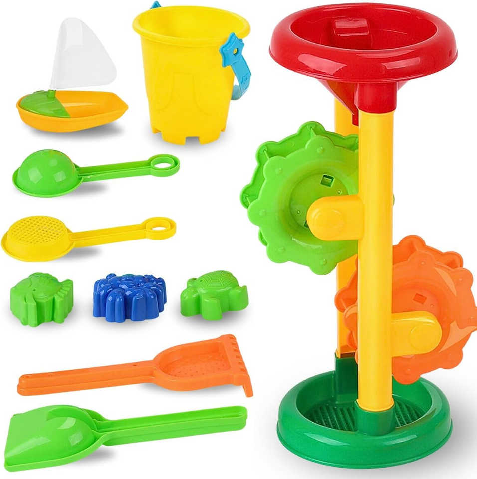 Double Sand & Water Wheel Tower Beach Toy Set W/Built-In Funnel, Sieve ...