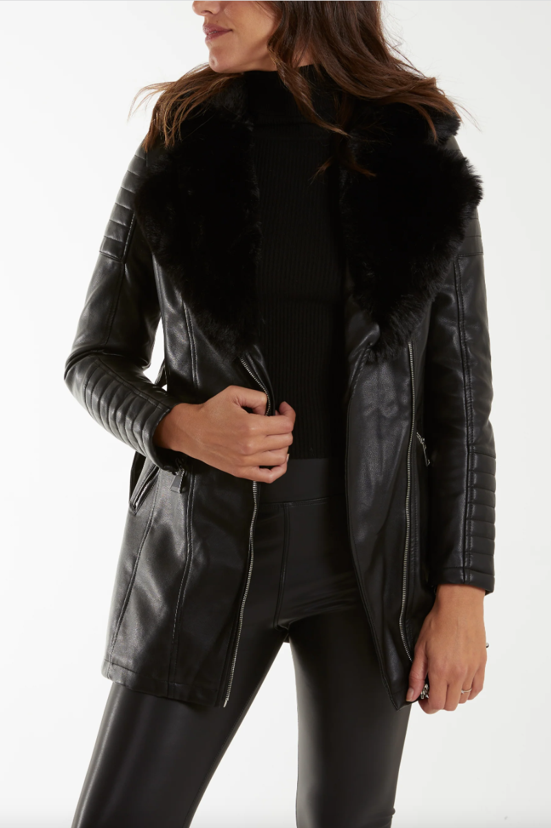 New Women Black Hooded PU Longline Biker Jacket with Fur. UK 8 10 12 14 ...