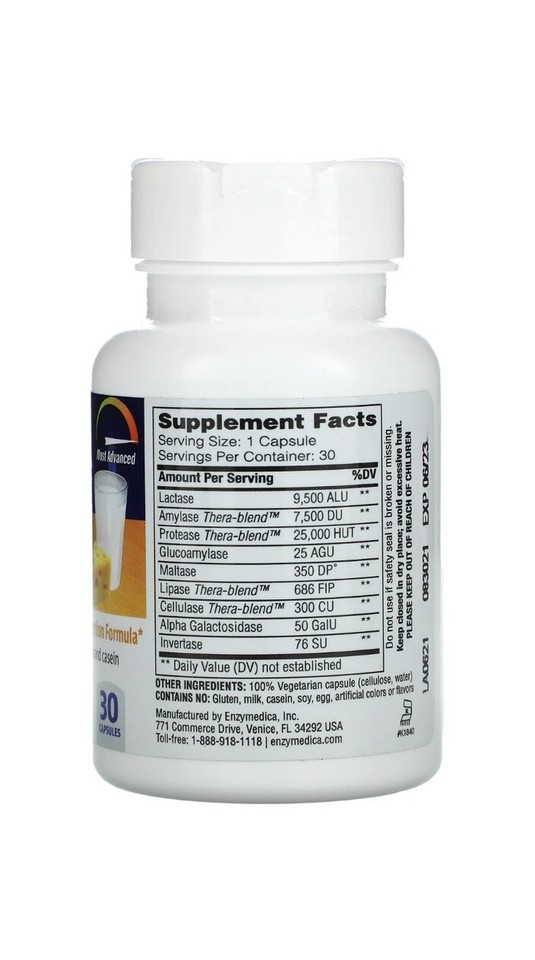 Enzymedica Lacto Most Advanced Dairy Digestion Formula 30 Capsules ...