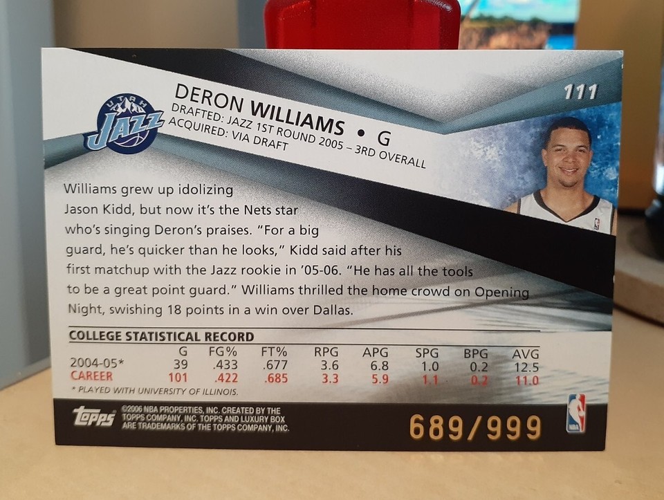 2005-06 DERON WILLIAMS TOPPS LUXURY BOX /999 #111 ROOKIE RC ILLINOIS ...
