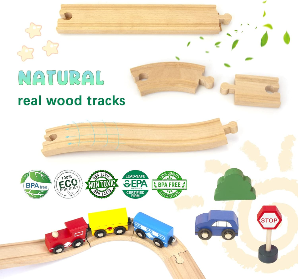 60Pcs Train Set for 3 Year Old Boys, Double-Side Wooden Train Set ...