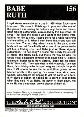 1992 Megacards Babe Ruth #156 Being Remembered by Lloyd Waner and Waite ...