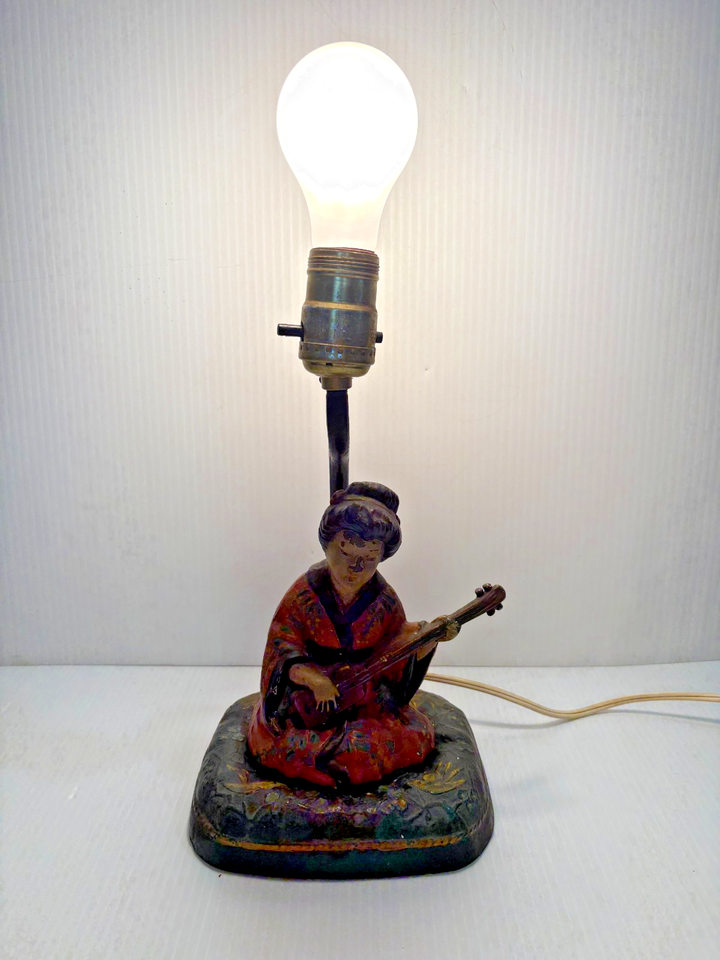 Antique Rare Hubley Cast Iron Geisha Girl Mandolin Table Lamp Works ...