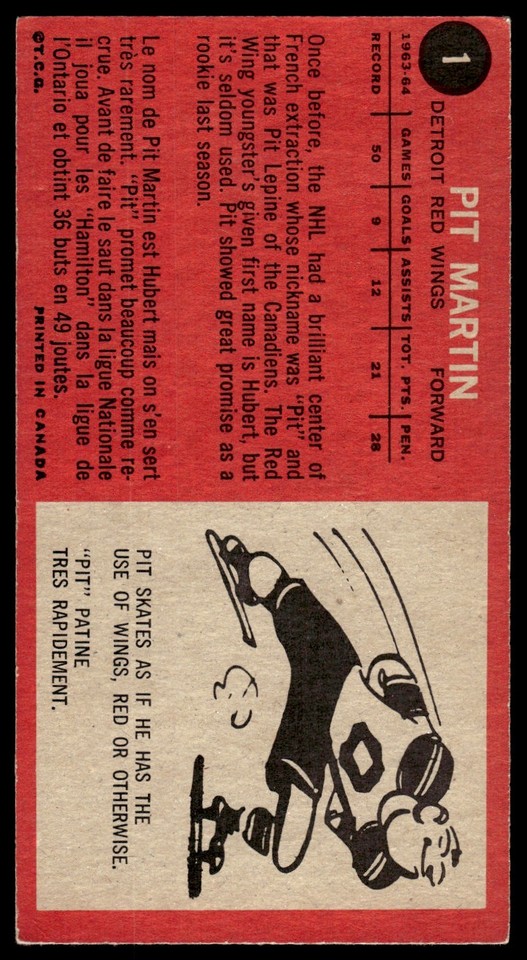 1964-65 Topps Hockey VG-EX Pit Martin Detroit Red Wings #1 | eBay