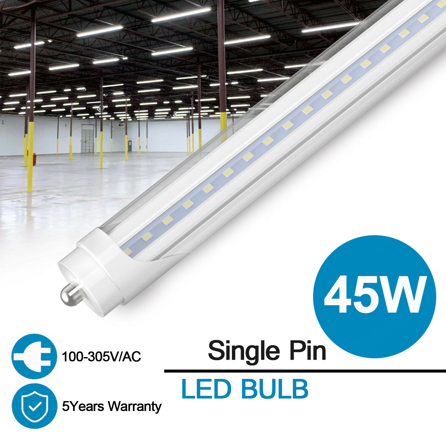 8FT LED Tube Light 45W 50W 72W 6500K T8 Single Pin 8 Foot LED Shop ...