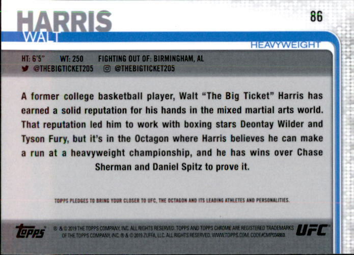 Walt Harris 2019 Topps Chrome UFC Rookie Card #86 | eBay