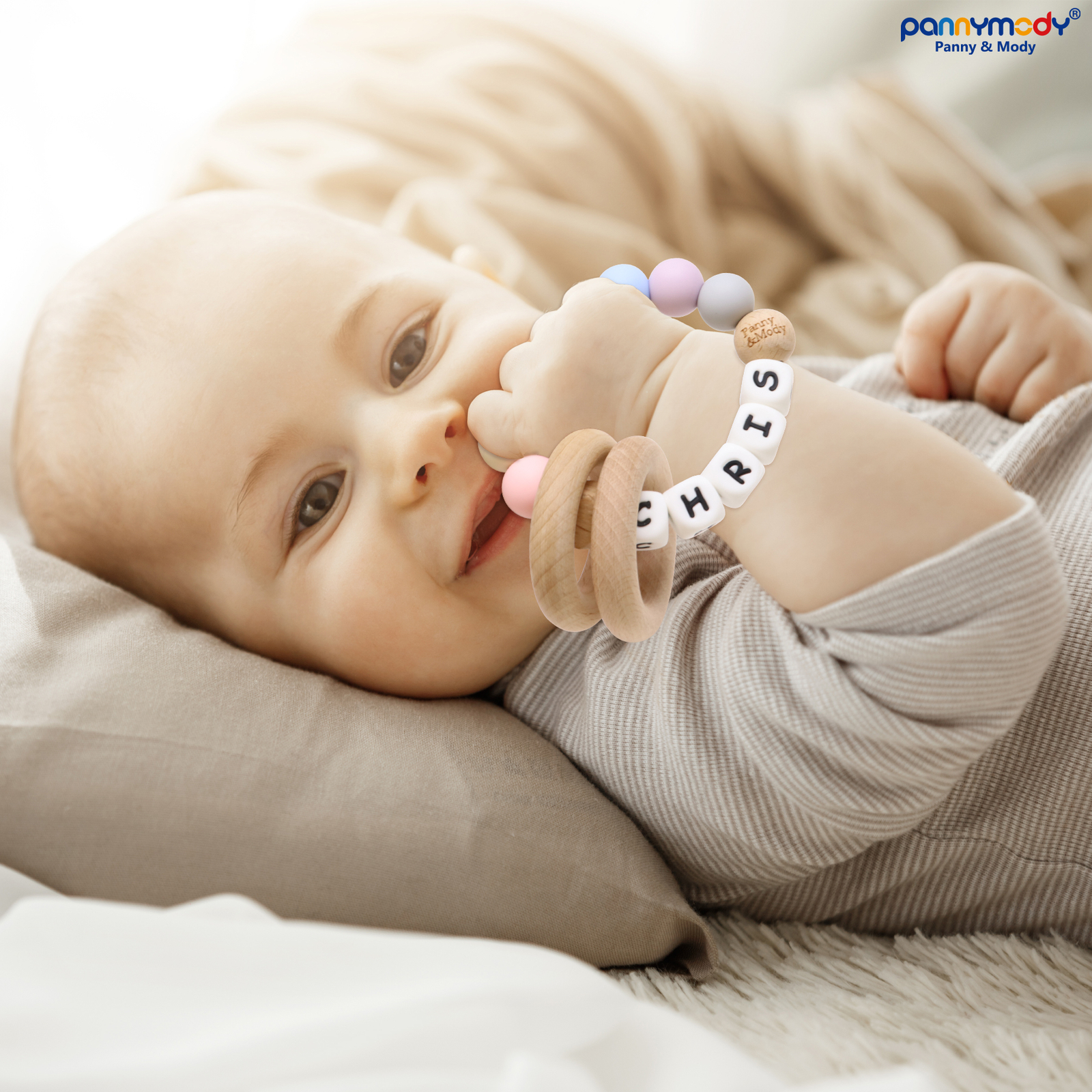 Personalised Teether, Natural Wood & Silicone Teething Ring/Rattle ...