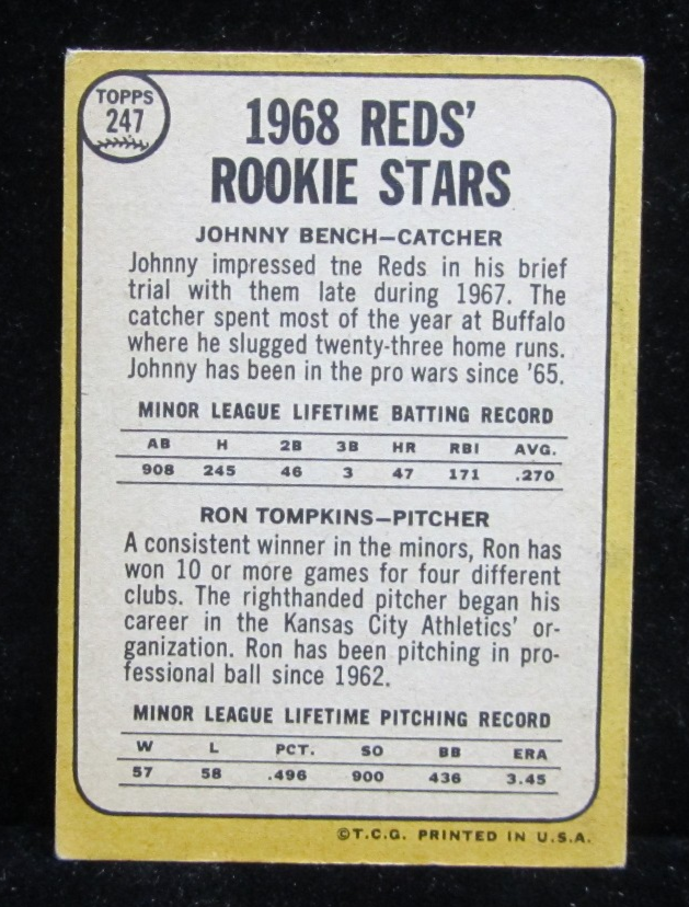 1968 TOPPS BASEBALL # 247 - JOHNNY BENCH ROOKIE CARD - LOOKS LIKE A VG ...