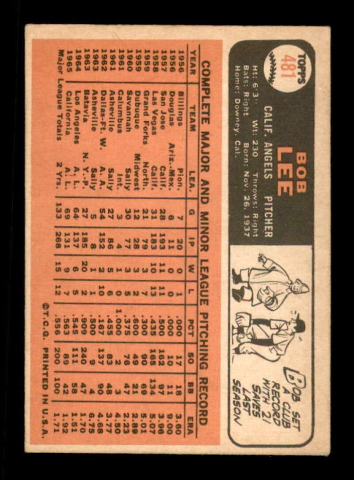 1966 Topps #481 Bob Lee VG/VGEX Angels 555053 | eBay