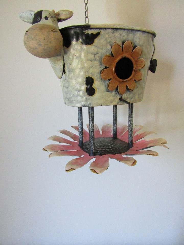 Holstein Cow & Sunflower Birdhouse - Metal Hanging Rustic Country Farm ...