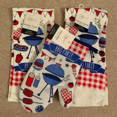 Mainstays Barbeque BBQ Theme Red White & Blue Kitchen Towels & Oven ...