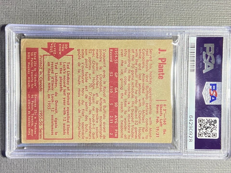 Jacques Plante RC 1955-56 Parkhurst #50 Rookie Card HOF NHL PSA 1 PR | eBay