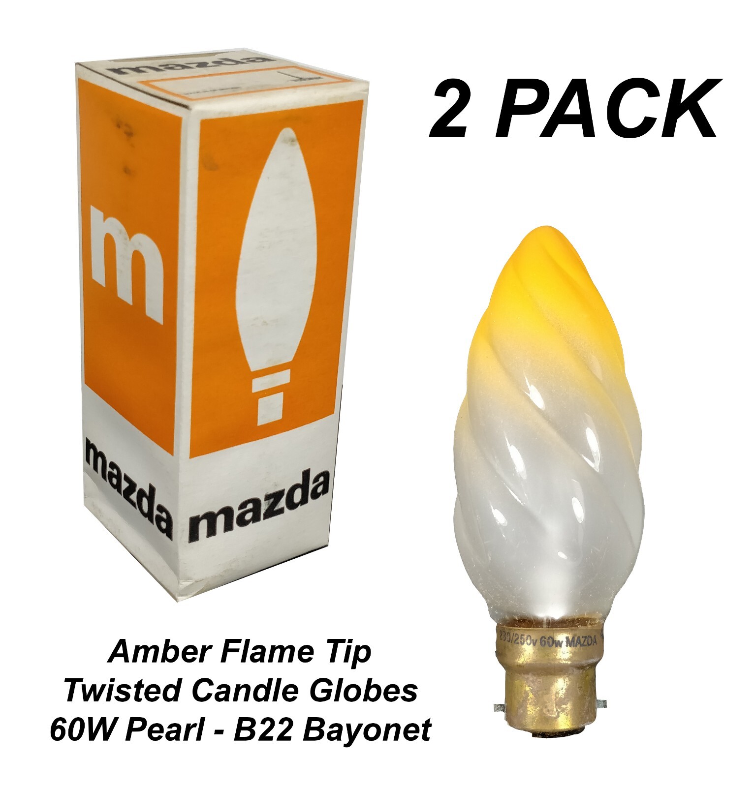 2 x 60W Pearl Twisted Candle Light Globes Bulbs Lamps Amber Tip Bayonet ...