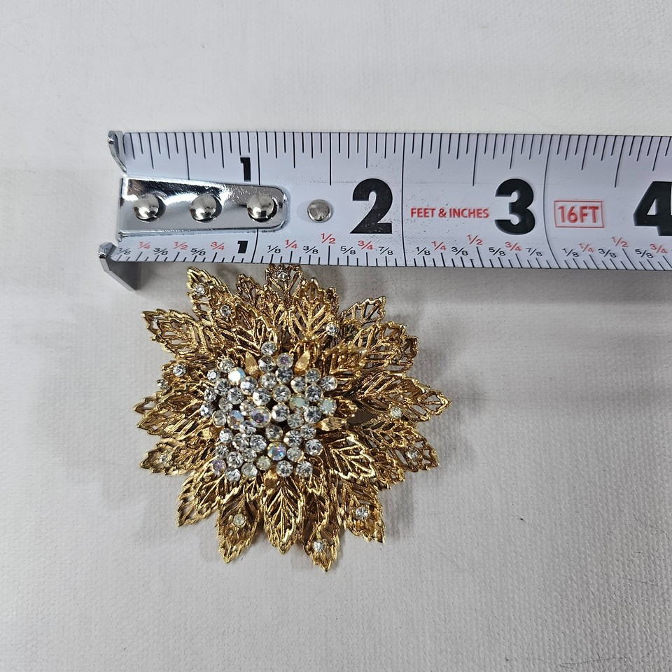 Gold Tone Layered Flower Brooch Clear AB Rhinestone Filigree Leaf ...