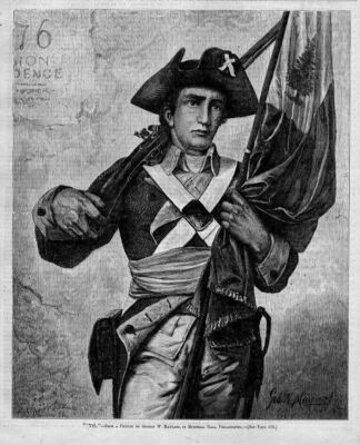 REVOLUTIONARY SOLDIER BEARING PINE-TREE FLAG AND 1776 GUN FLINTLOCK ...