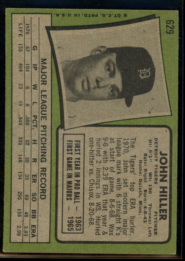 John Hiller 1971 Topps #629 Detroit Tigers EX + | eBay