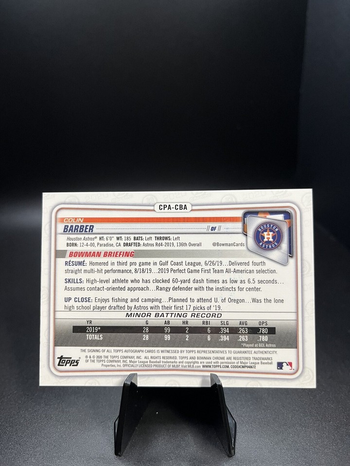 2020 Bowman Chrome #CPA-CBA Colin Barber 1st Auto Astros RC Houston ...