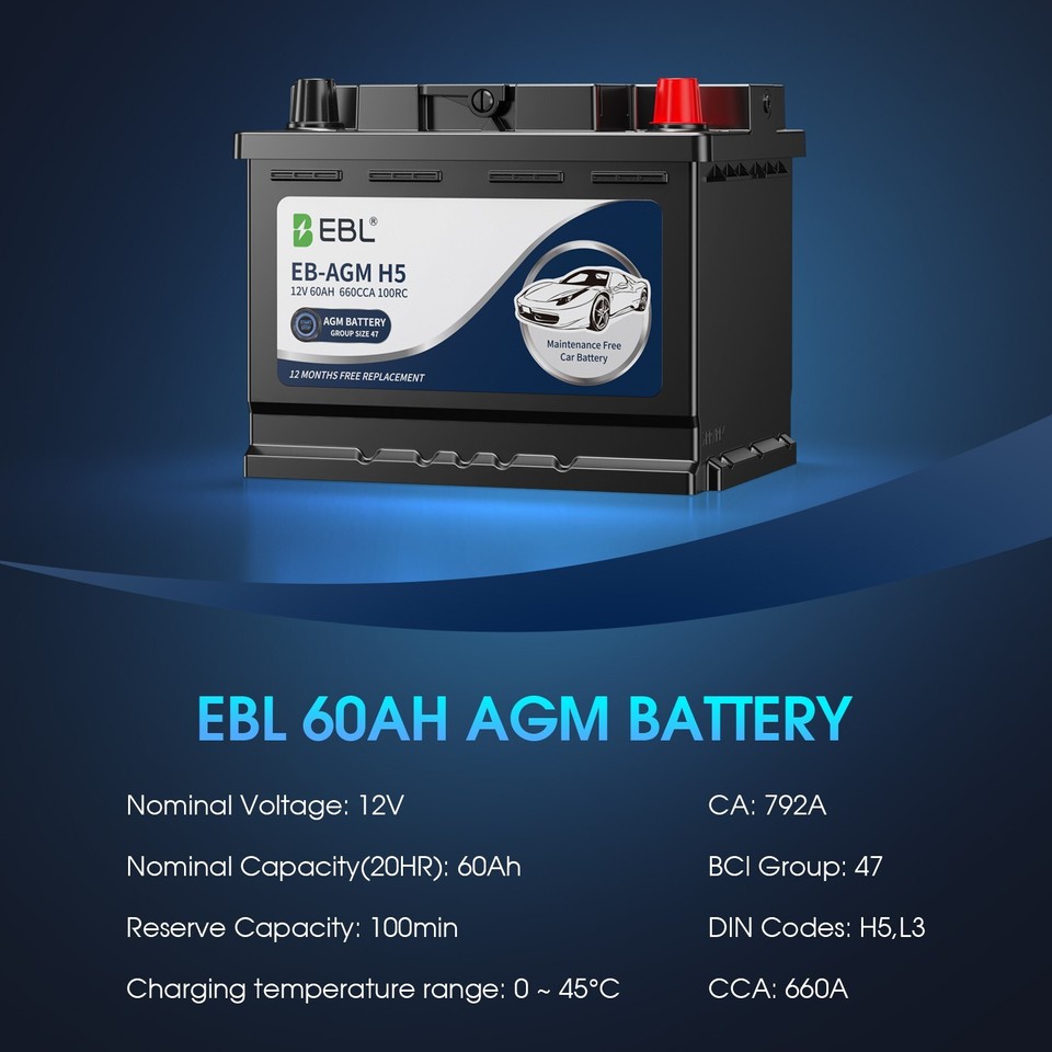 EBL Platinum AGM Battery BCI Group Size 47 100Min RC 660A CCA H5 Car ...