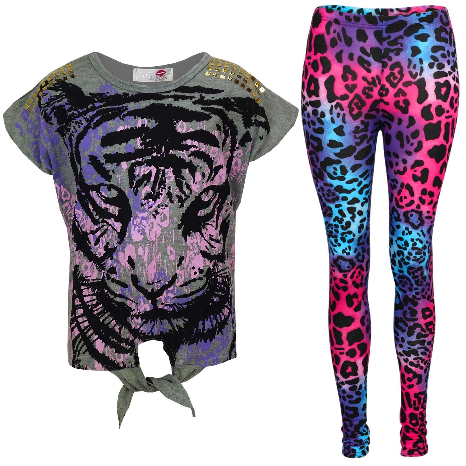 New Girls Tiger Face Print Glitter Multi Color Top T Shirt & Leopard ...