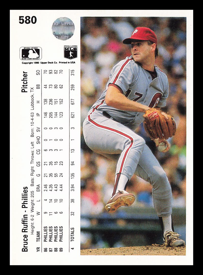 1990 Upper Deck Bruce Ruffin #580 Philadelphia Phillies MLB Baseball ...