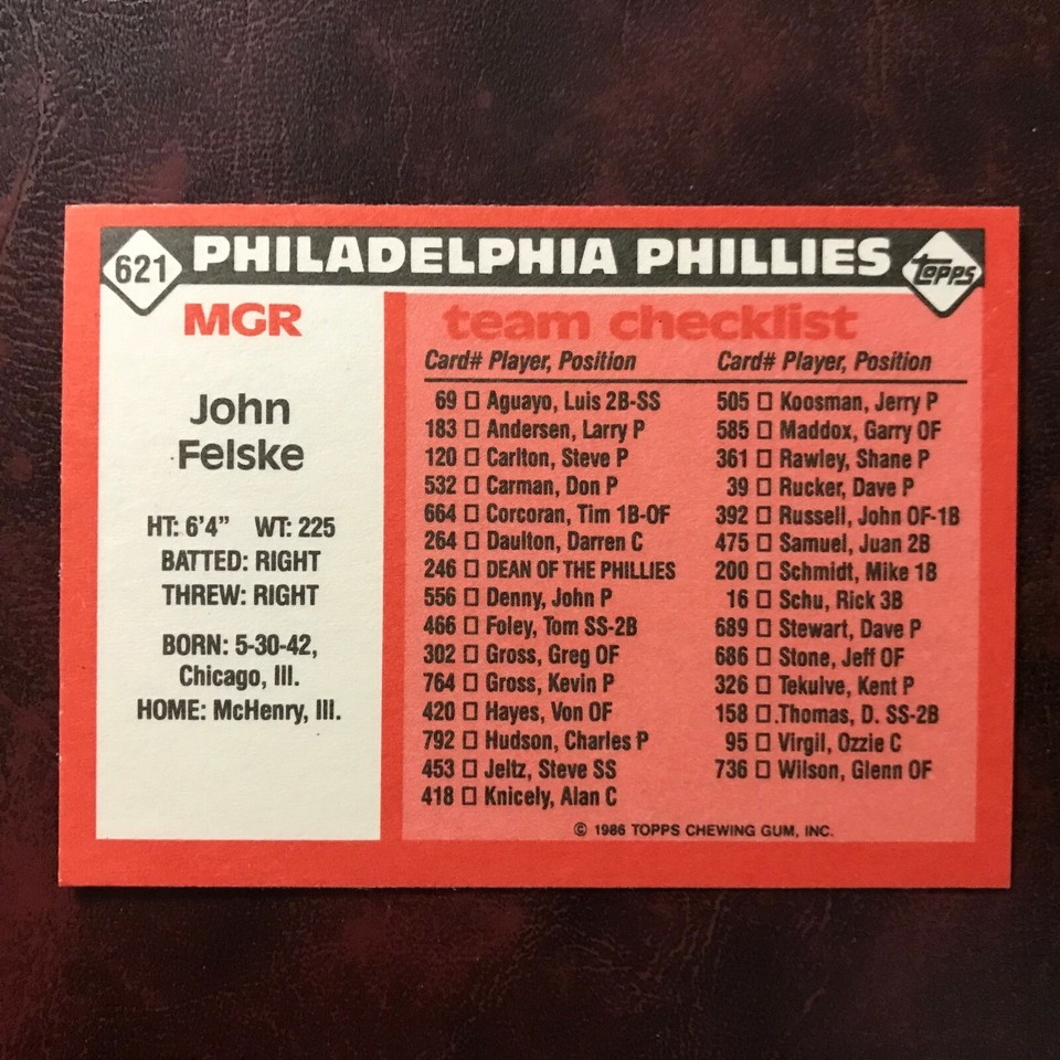 1986 Topps TIFFANY Set JOHN FELSKE #621 PHILLIES ** MINT ** HIGH GRADE ...