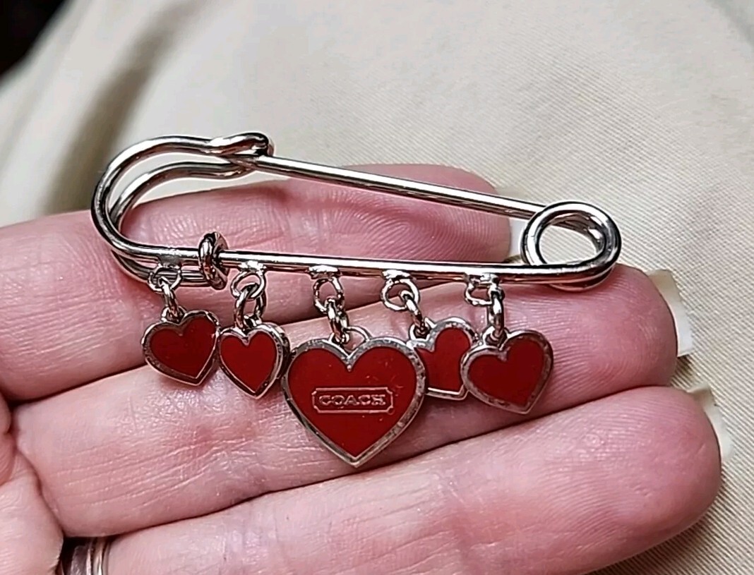 Vintage COACH Red Multi Heart Safety Pin Brooch Hangb… - Gem