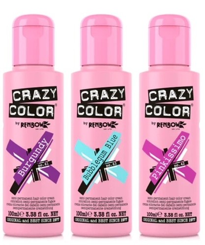 CRAZY COLOR Semi-Permanent Hair Colour 100ml Burgundy ,Bubblegum Blue ...