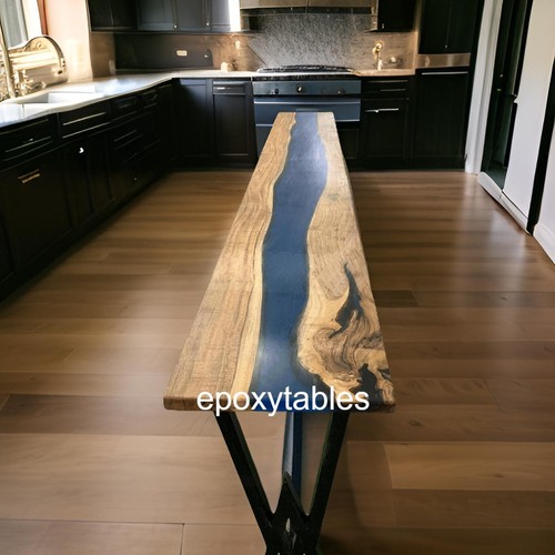 Blue Epoxy Resin Side Corner Table Live Edge Wooden Cafeteria ...