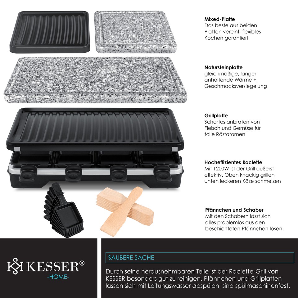 KESSER® Raclette Tischgrill Grill 8 Personen 1200 Watt Raclettegrill ...