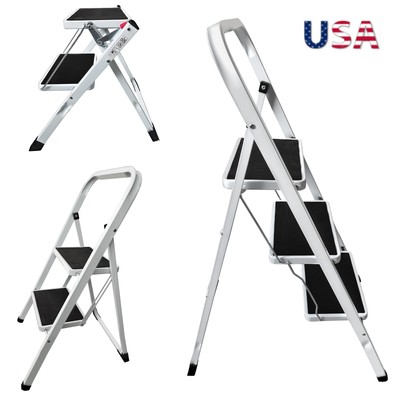 3 Step Ladder Foldable Non Slip Tread Stepladder DIY Strong Metal Heavy ...