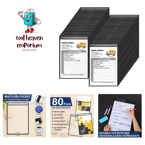 80 Pack Dry Erase Pockets Job Ticket Holders Black Clear Reusable Dry ...