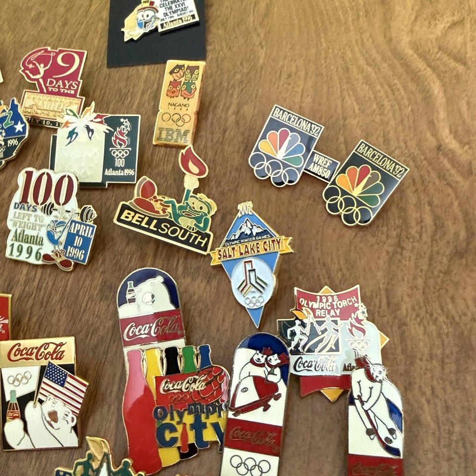 64+ Olympic Pins Lot Atlanta Sydney Nagano Toronto Barcelona Coca-Cola ...