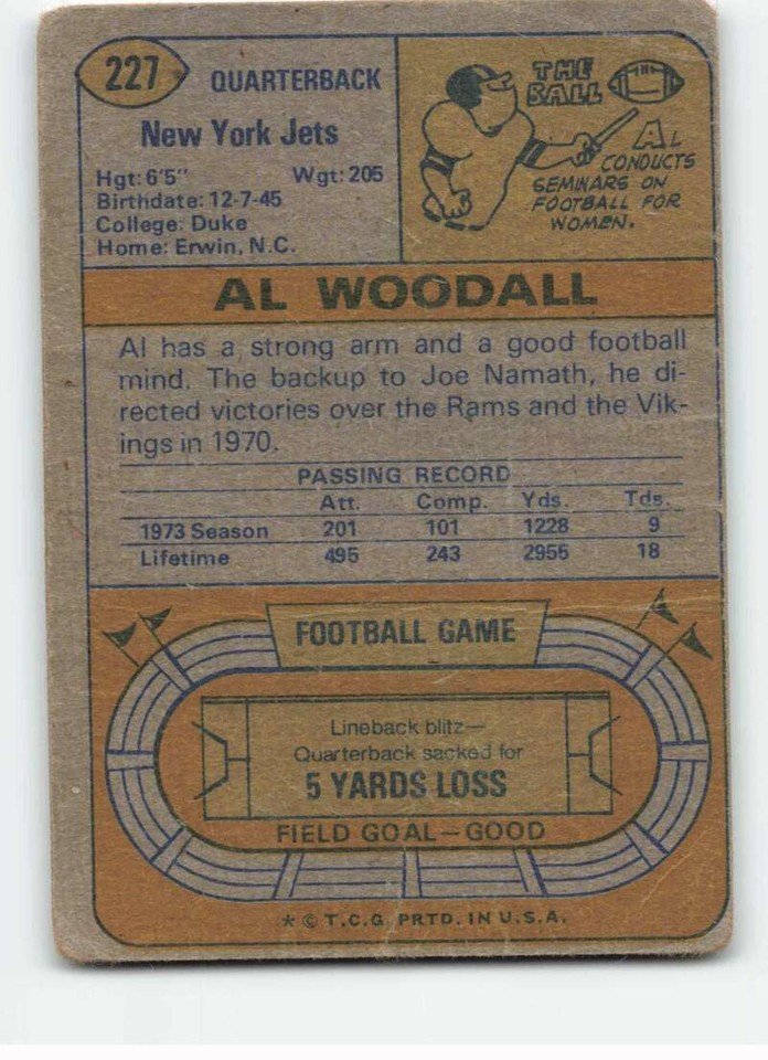 1974 Topps #227 Al Woodall G/VG Good/Very Good RC Rookie NY Jets | eBay