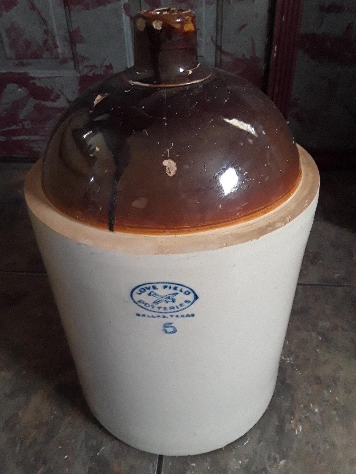 Antique 5 Gallon Love Field Potteries Dallas Jug Crock Whiskey ...