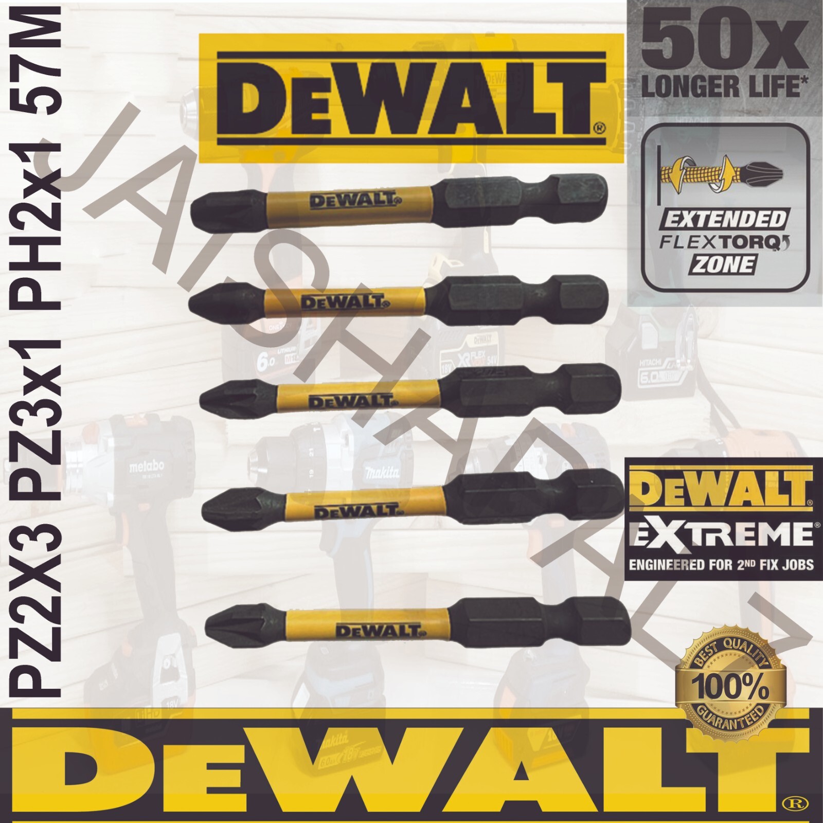 DeWalt DT7274-QZ 57mm Pozi High Impact Screwdriver Bit Set 5pc = PZ2 ...