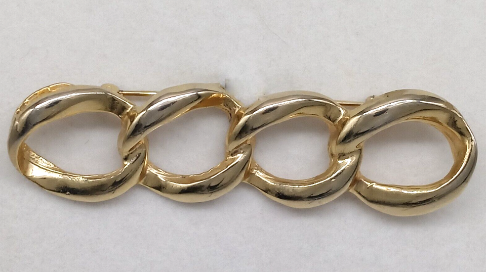 Curb Chain Link Bar Brooch Pin Modernist Gold Tone Interlocking Shiny ...