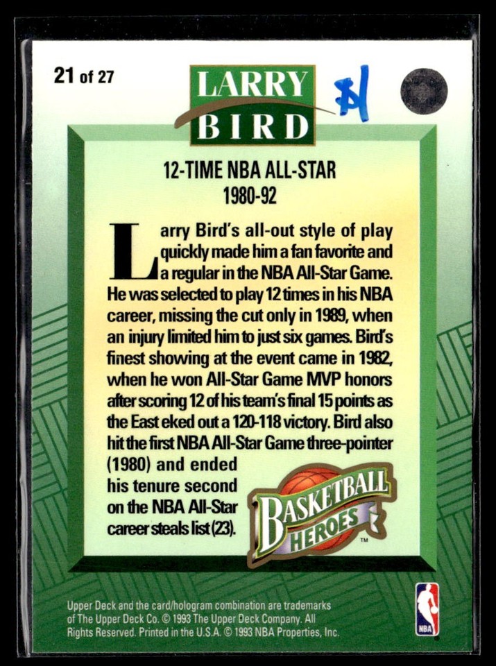 1992-93 Upper Deck #21 Larry Bird Basketball Heroes: Larry Bird Card ...