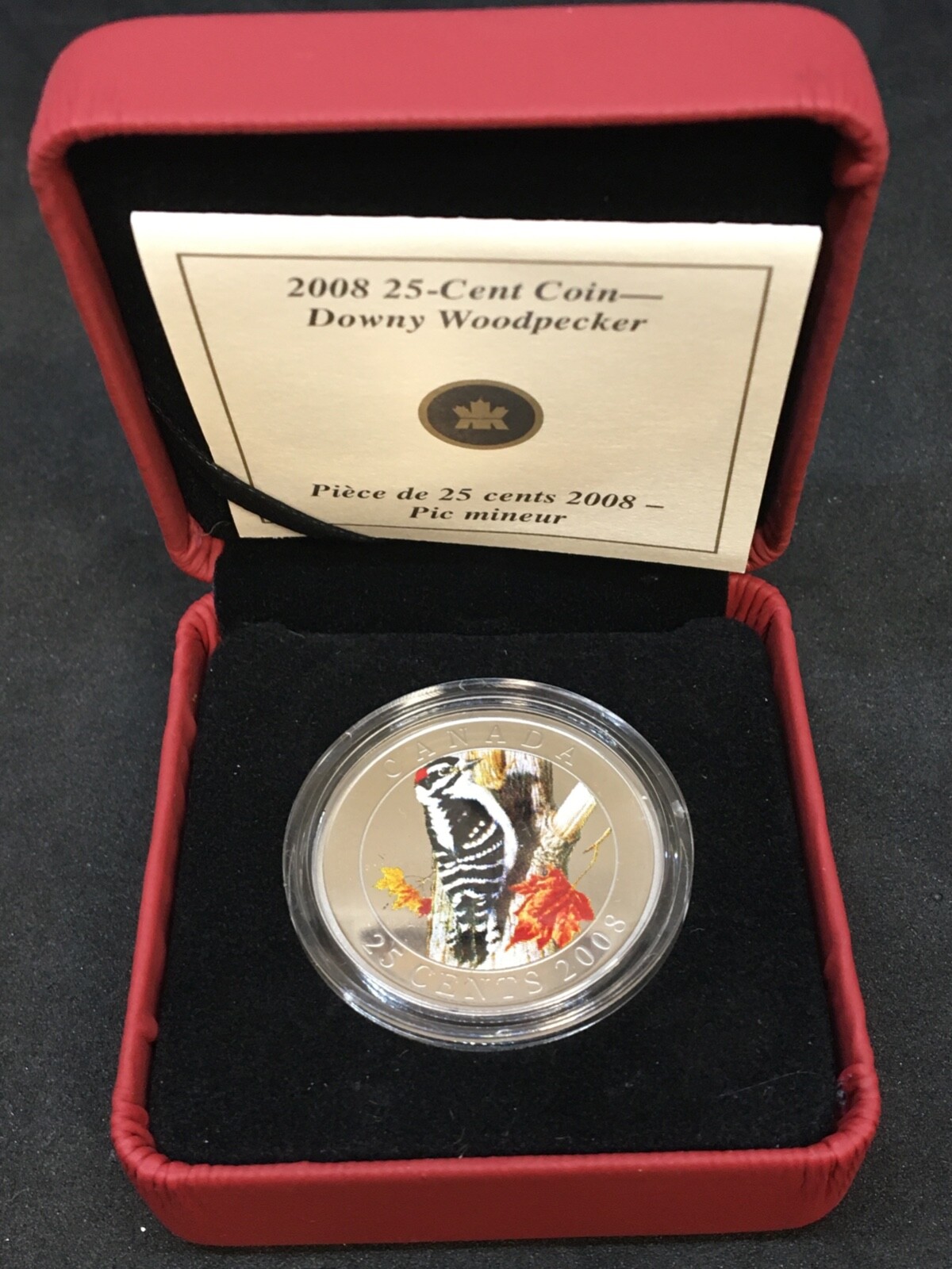 2008 Canadian Royal Mint Colored Downy Woodpecker 25c Coin w/Box & COA ...