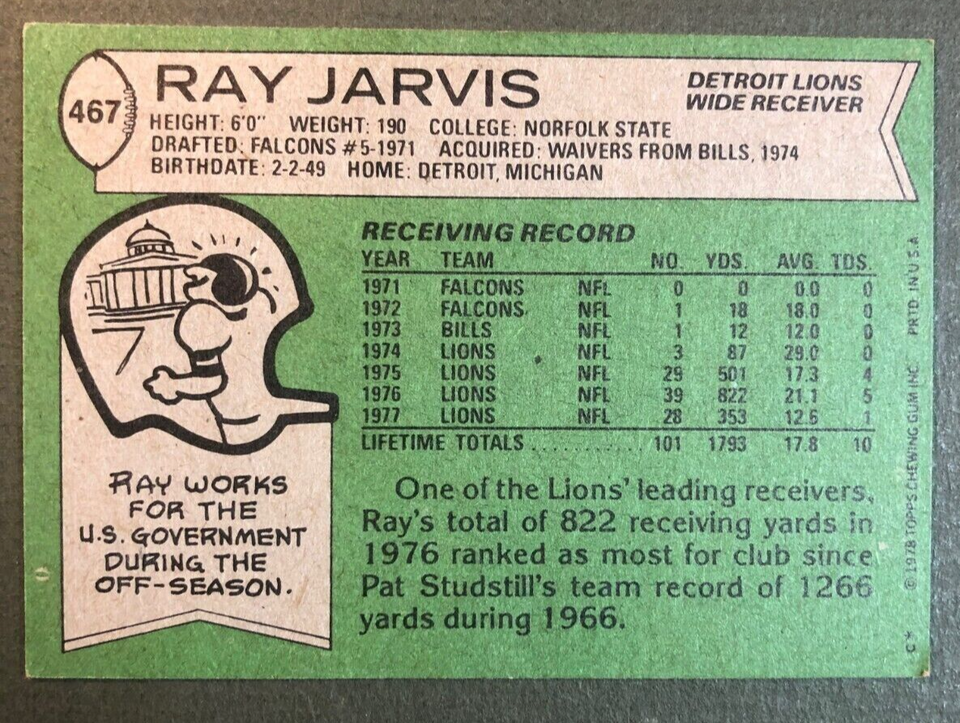 1978 TOPPS Football Vintage Trading Card #467 🏈 RAY JARVIS, Detroit ...