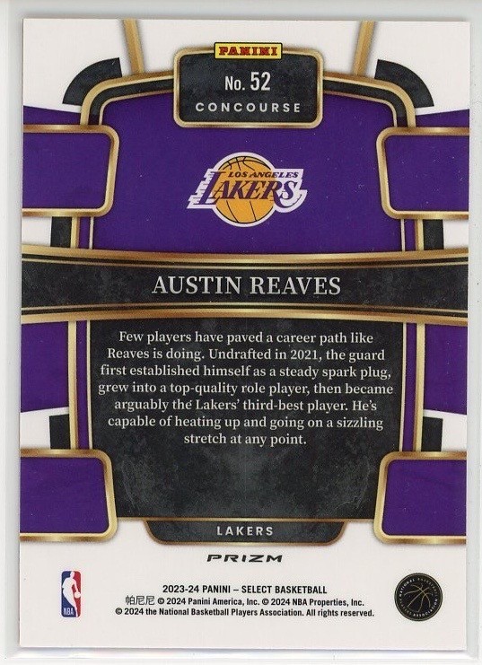 2023-24 Select #52 Austin Reaves Orange Flash Prizms Los Angeles Lakers ...