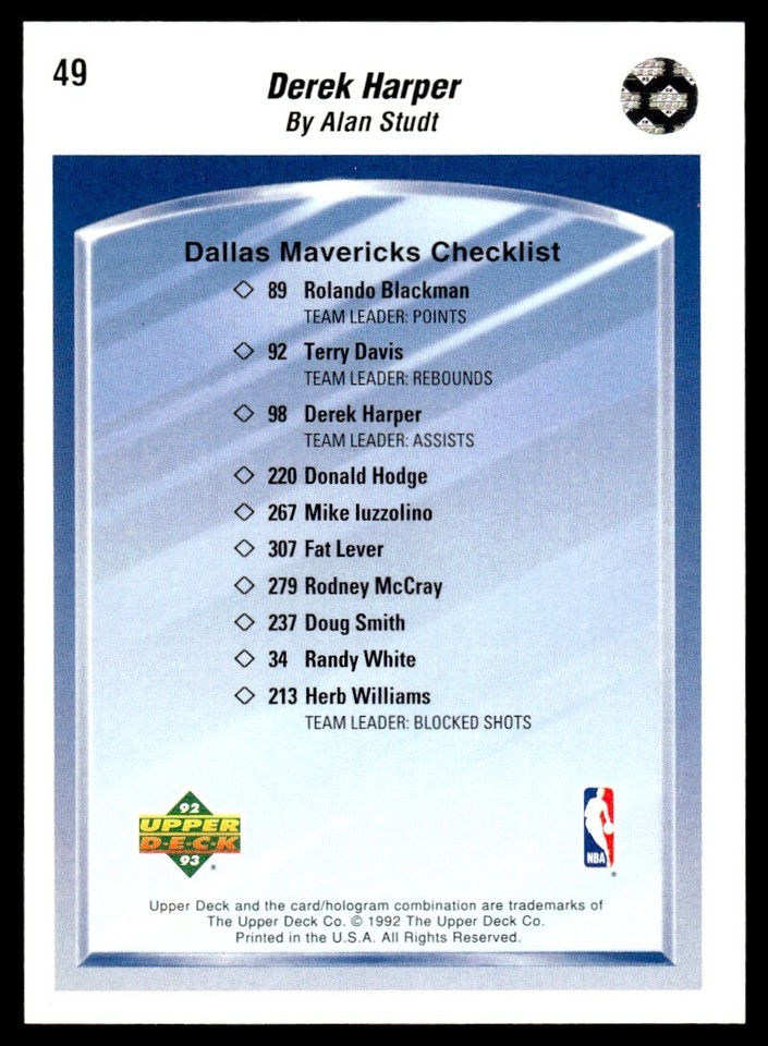 1992-93 Upper Deck Basketball Card Derek Harper Dallas Mavericks #49 | eBay