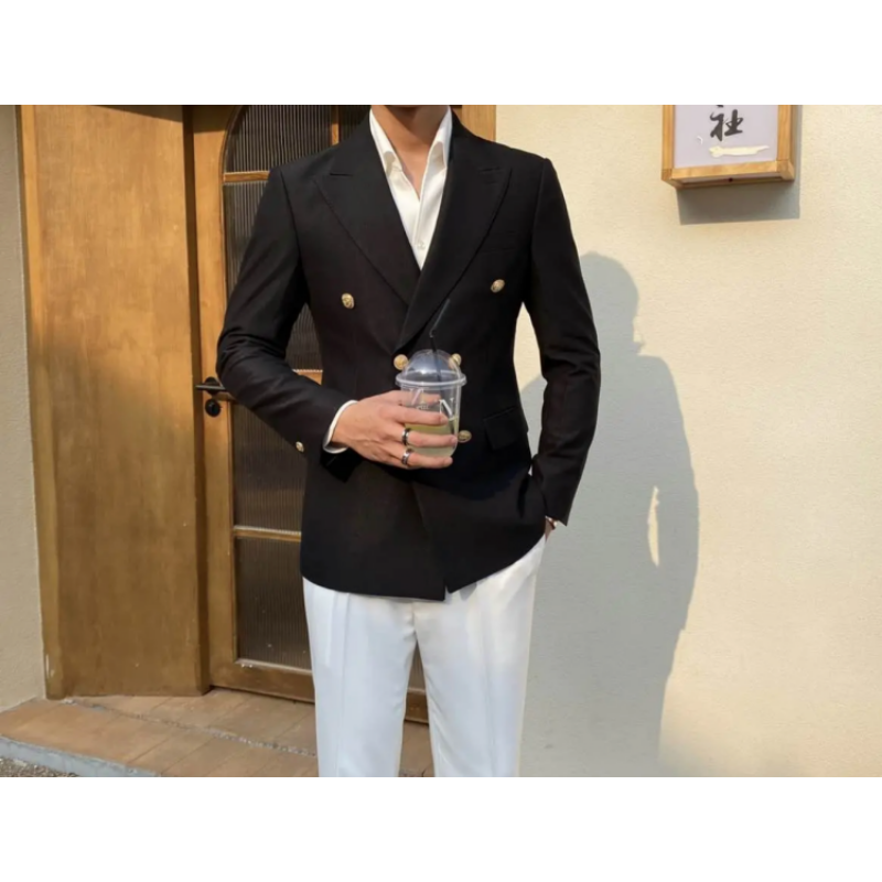 Men Casual Business Metal Buckle Suit Blazer Coat Double Breasted ...