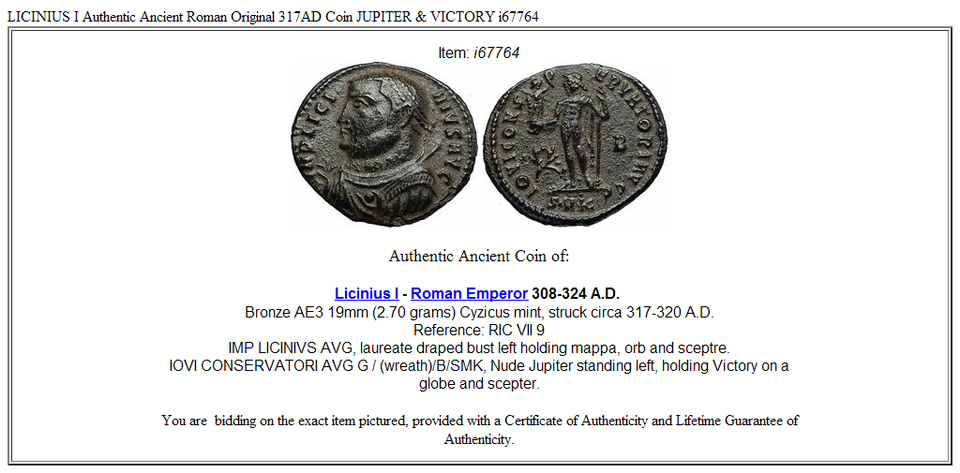 LICINIUS I Authentic Ancient Roman Original 317AD Coin JUPITER ...